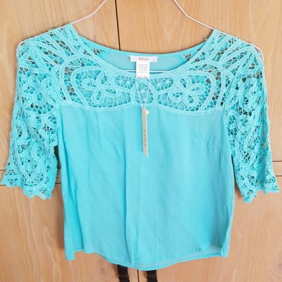Esley | Tops | Esley Turquoise Colored Lace Sleeved Top S Nwt | Poshmark